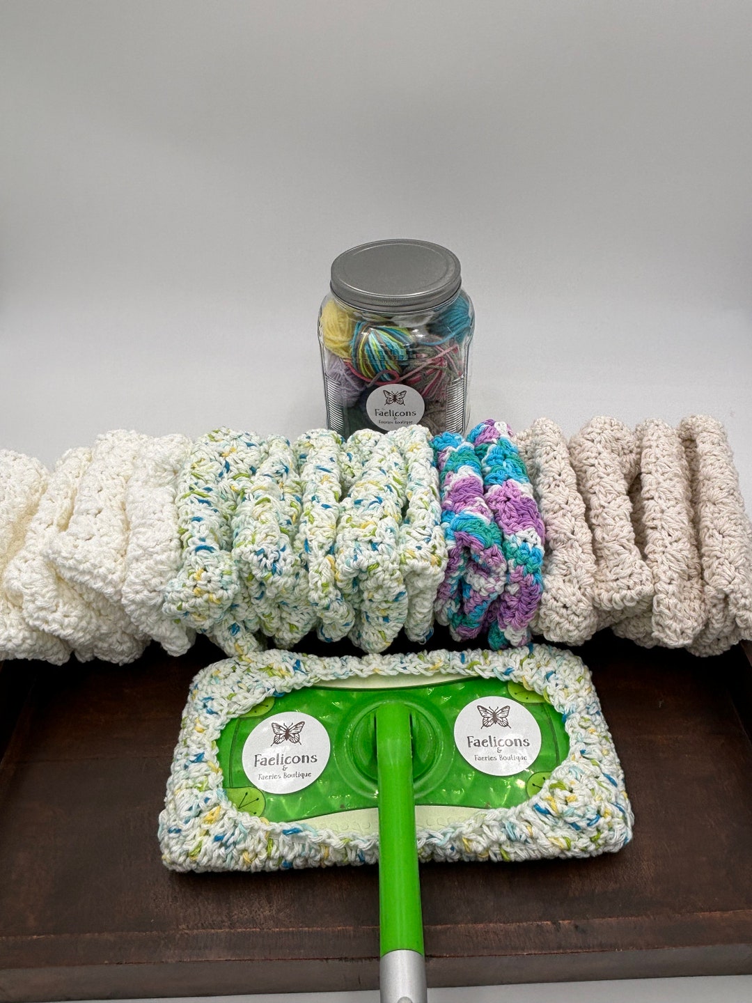 Set of 2 Reusable Cotton Mop Dusters 10x5 Stretchy Crochet Dry Damp ...