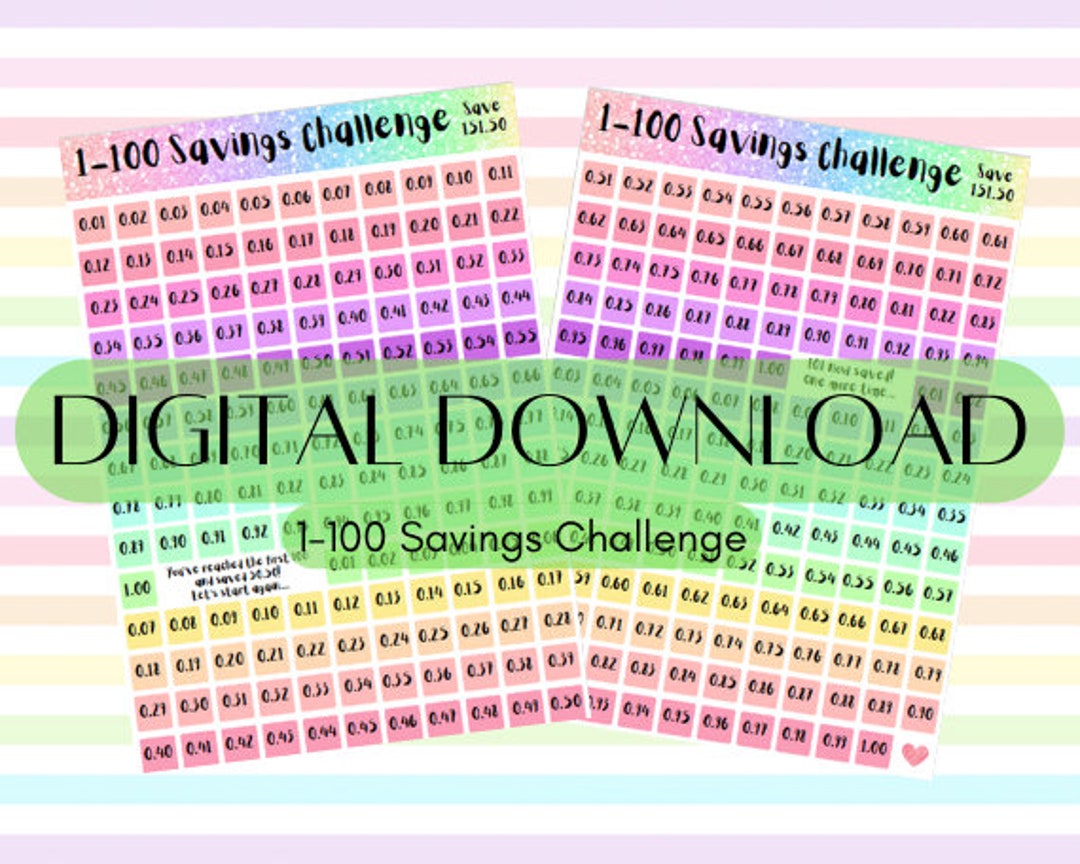 1-100 Savings Challenge Coloured Digital Download Rainbow Budgets - Etsy