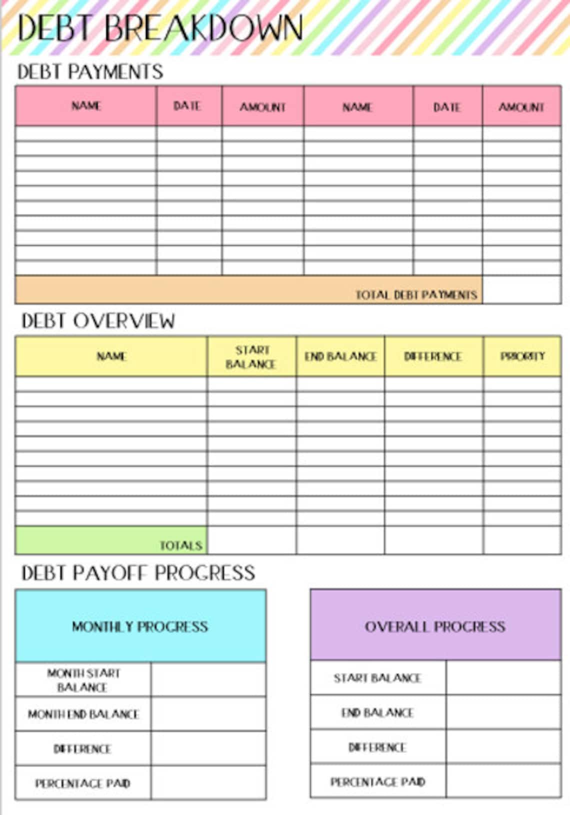 Monthly Debt Breakdown Worksheet Digital Downloads Rainbow - Etsy