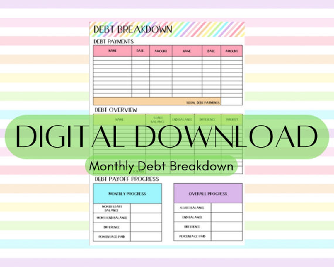 Monthly Debt Breakdown Worksheet Digital Downloads Rainbow - Etsy