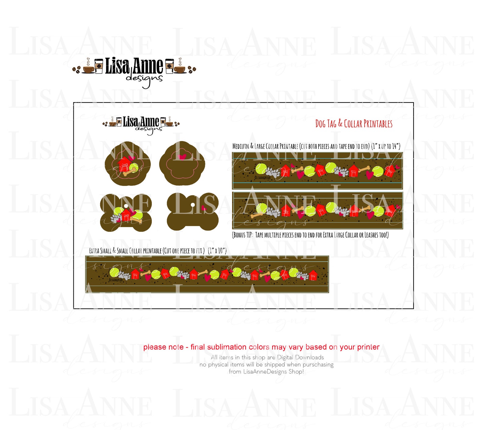Dog Collar and Tag Sublimation Design, Bone and Paw Shapes (PNG Digital ...