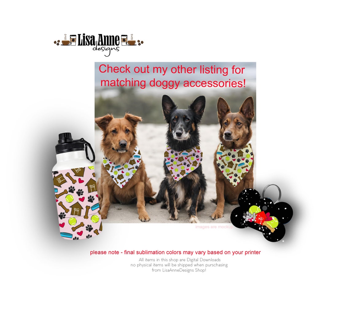 Dog Collar and Tag Sublimation Design, Bone and Paw Shapes (PNG Digital ...