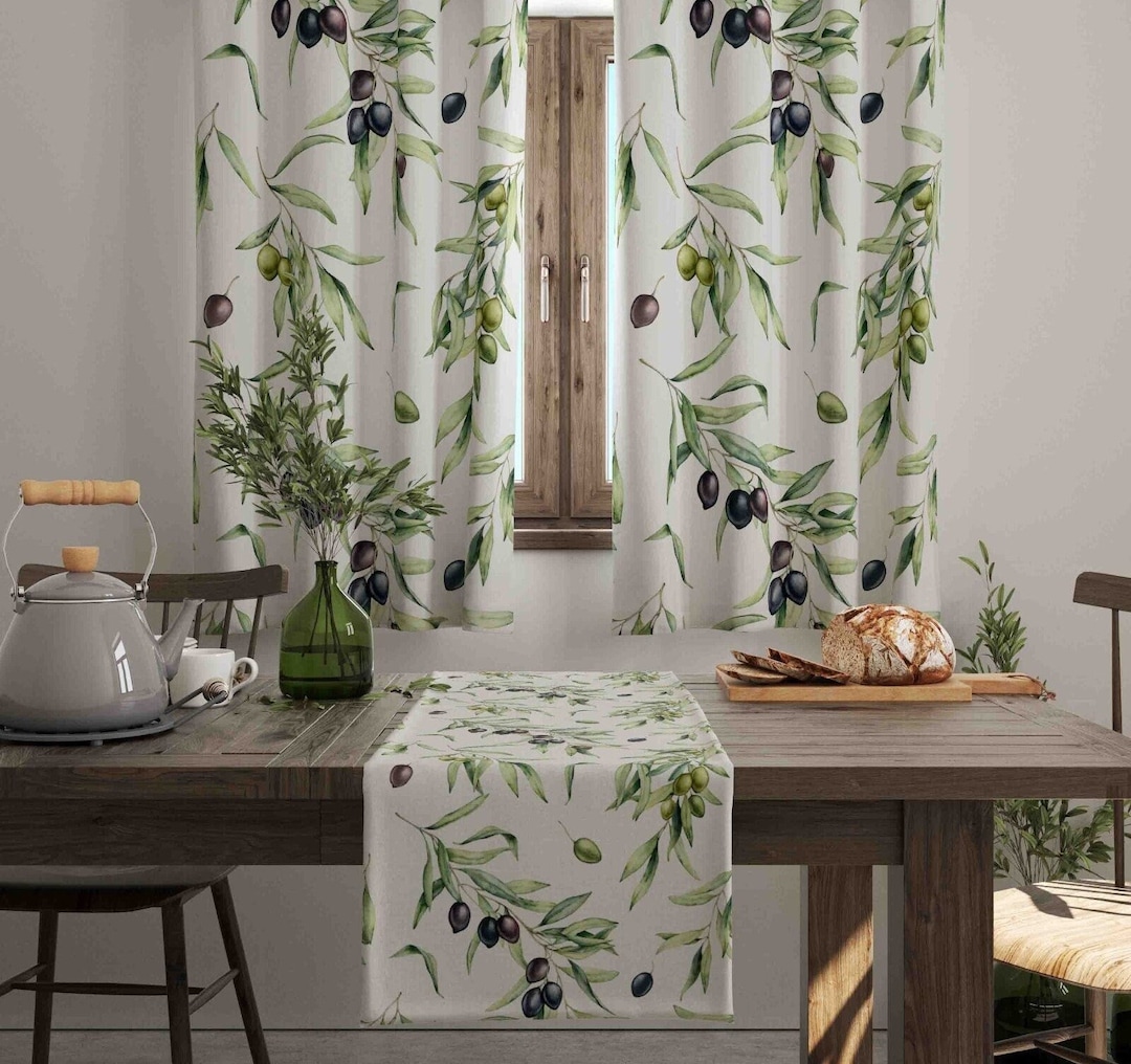 Olive Decorative Drapes, Black & Green Olive Curtain for Kitchen ...
