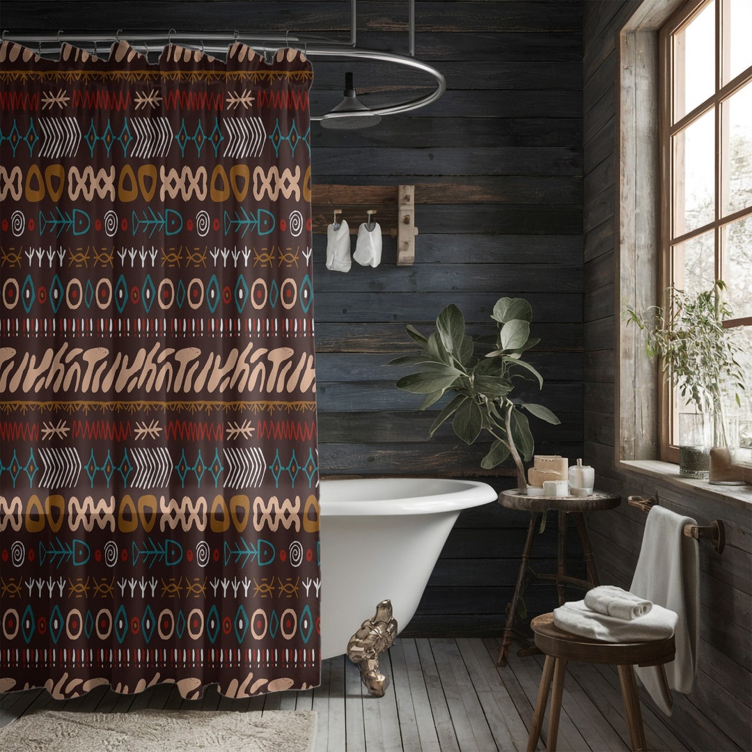 African Design Shower Curtain, Traditional Motif Bathroom Curtain ...