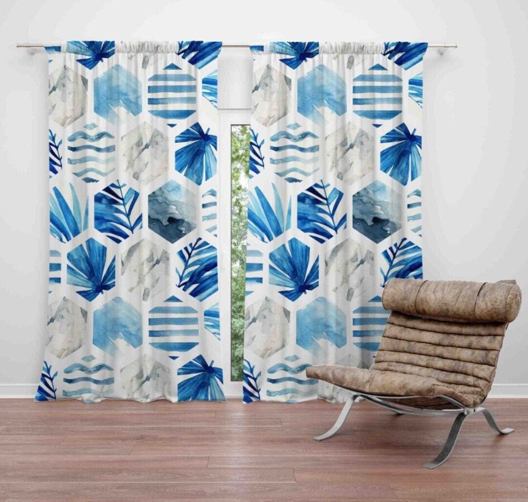 Round Design Drape, Blue White Circle Pattern Valance, Custom Size ...
