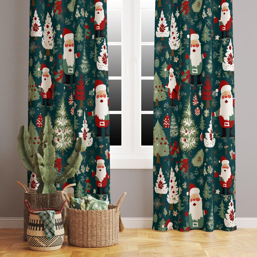 Santa Claus Window Drapes, Winter Trees Window Treatments, Holiday ...
