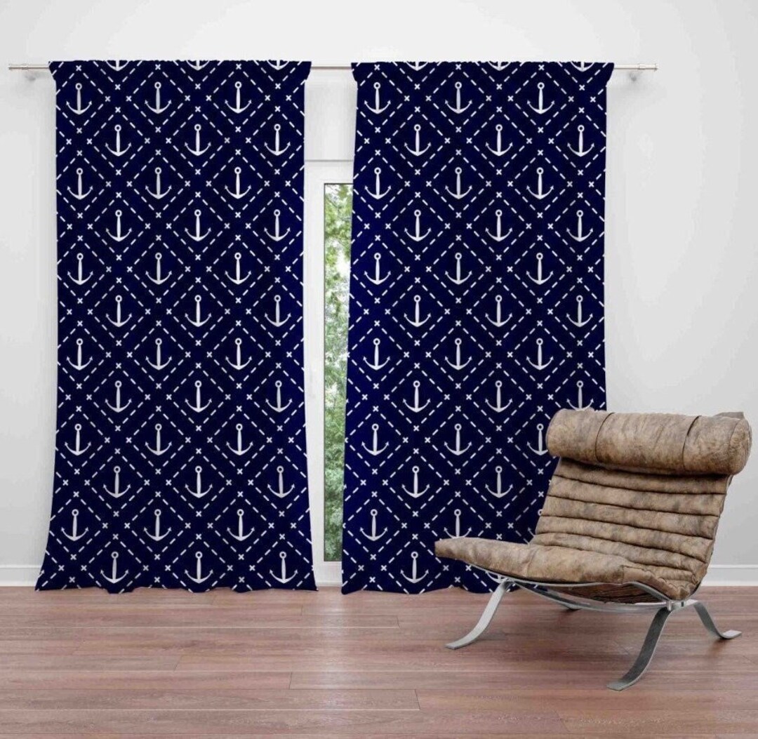 Dark Anchor Nautical Curtains, Ocean Inspired Drape, Anchor Style ...