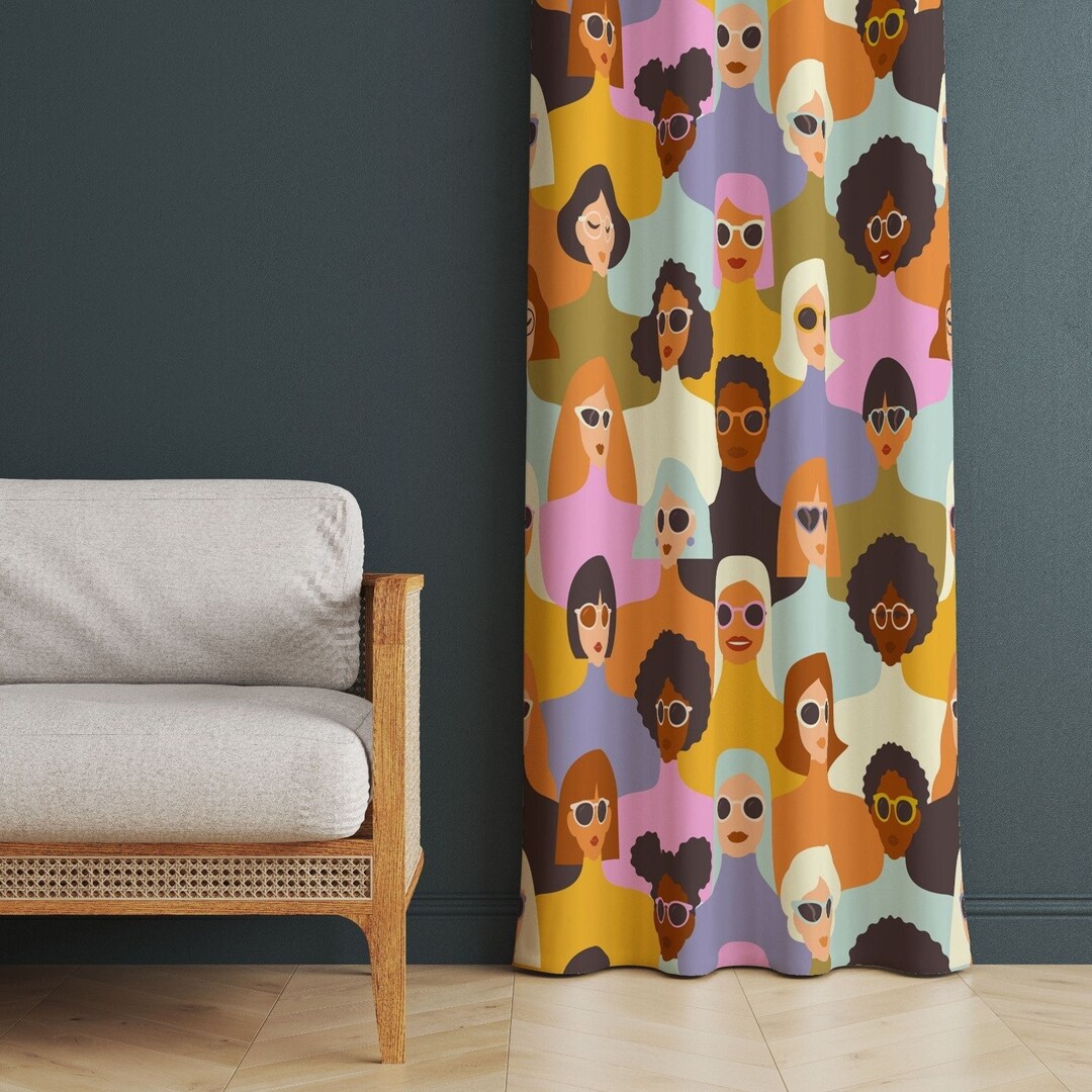 African Woman Curtain, Retro Geometric Shapes Curtain, Afro Girl Drape ...