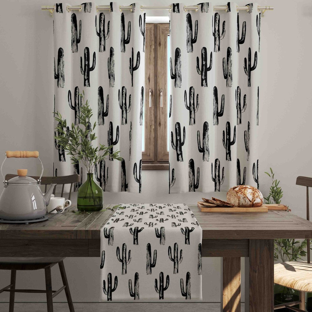 Cactus Design Drape, White Green Desert Plant Curtain, Bohem Theme ...