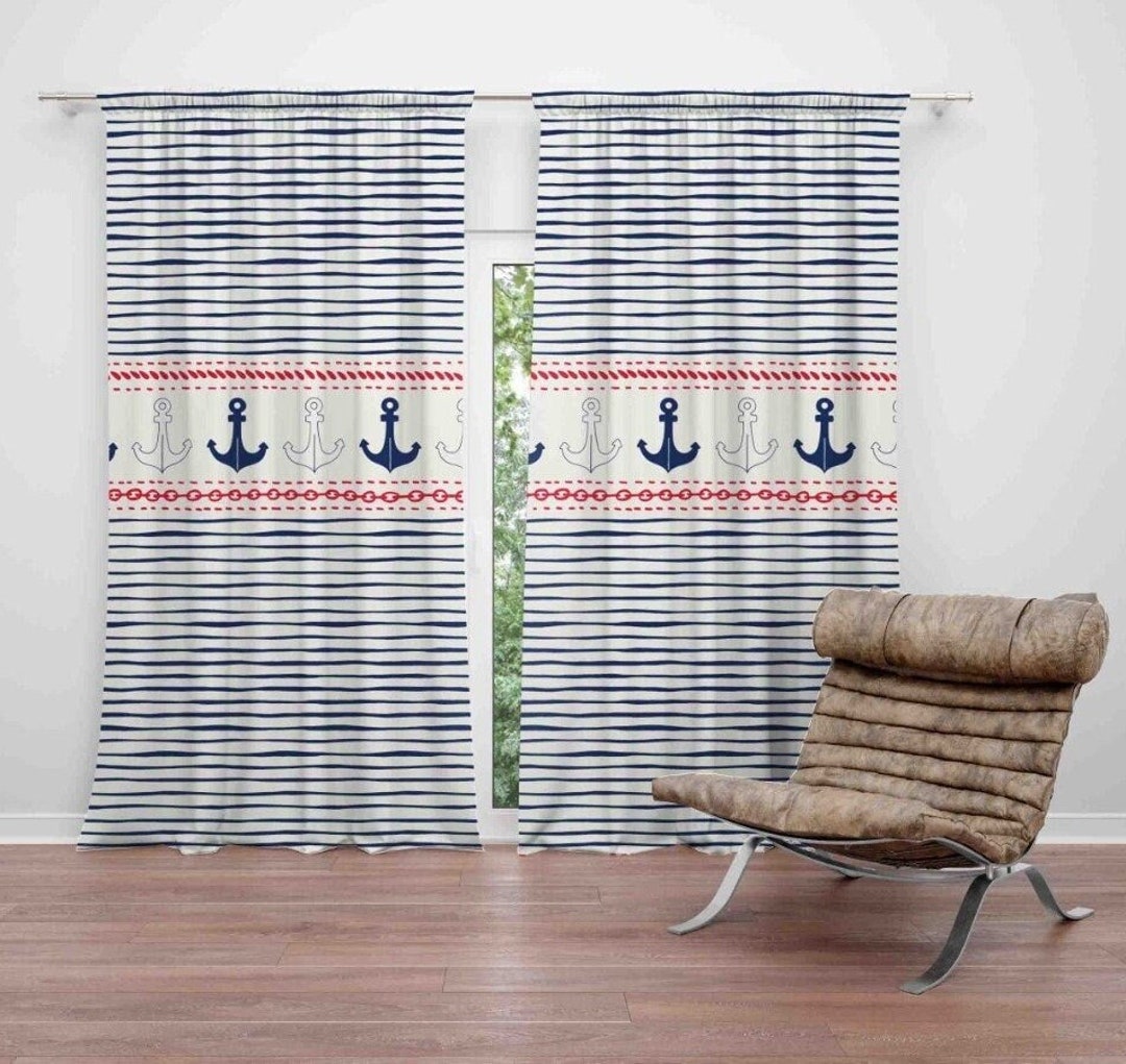 Anchor Pattern Curtain, Ocean Living Room Drape, Sea Life Cafe Drapery ...