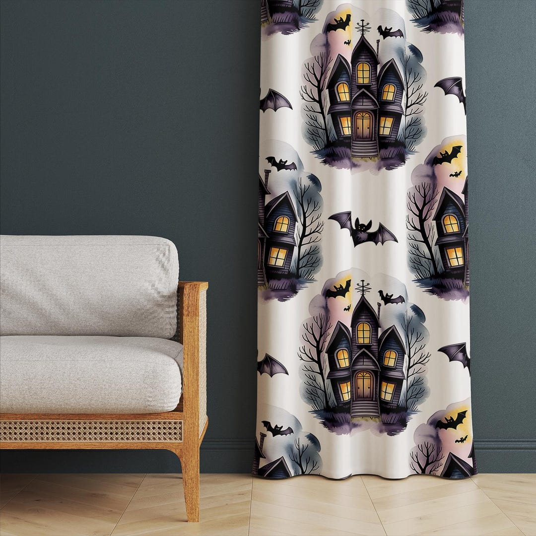Haunted House Halloween Curtains, Spooky Bat and Gothic Haunted Mansion ...