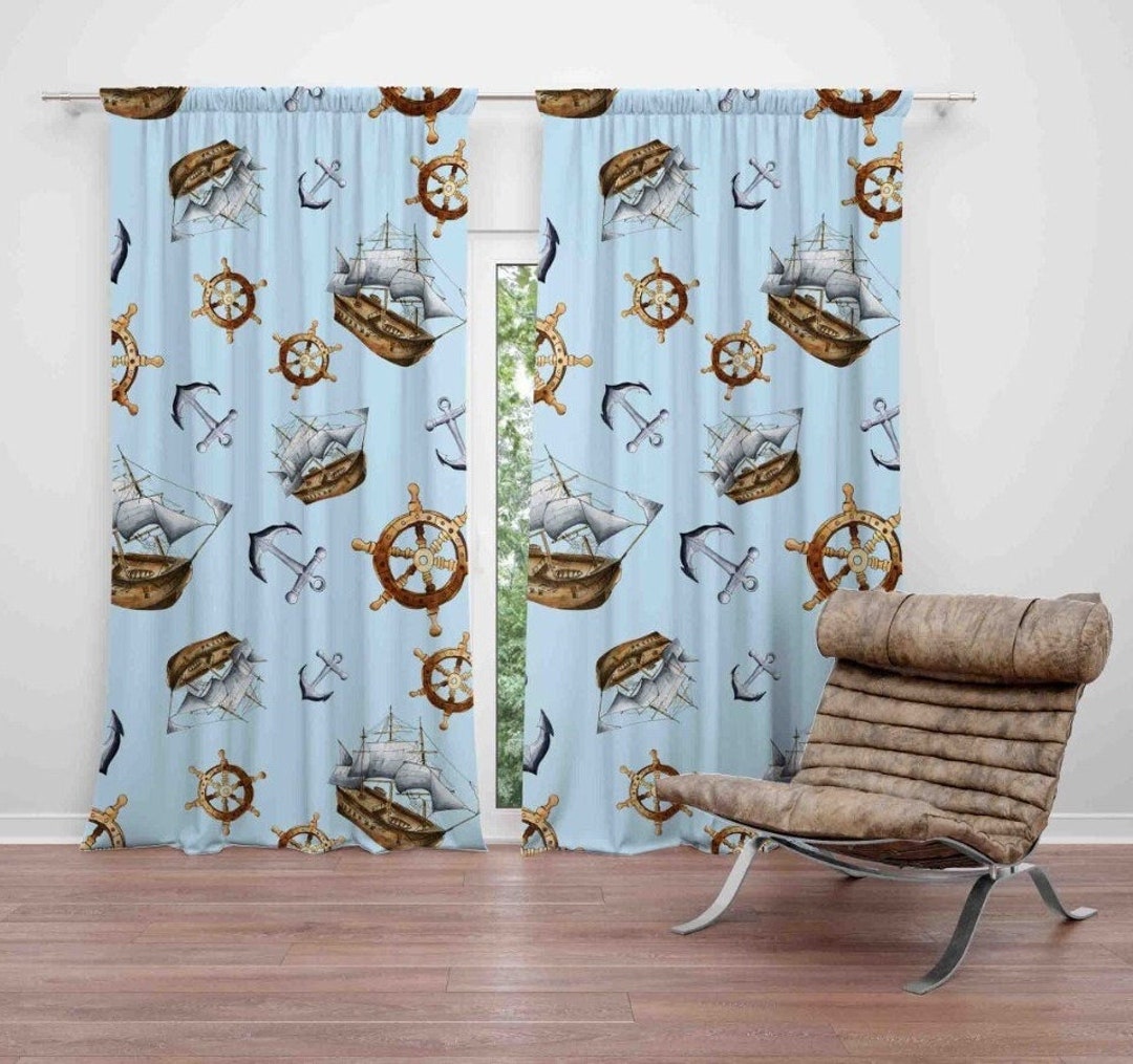 Navy Wheel & Boat Drape, Striped Maritime Curtains, Nautical Ship ...