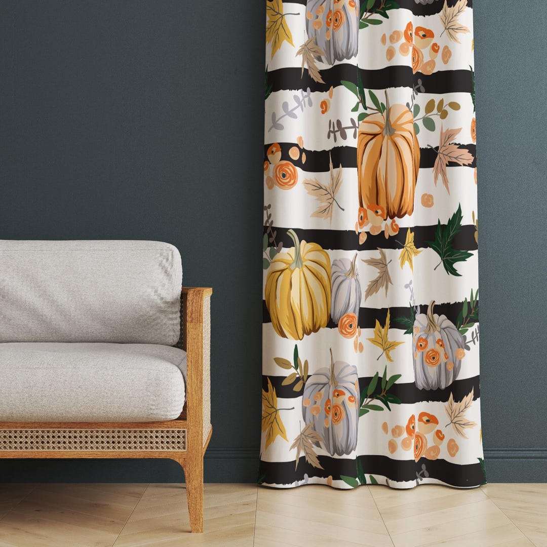 Thanksgiving Theme Curtain Panel, Fall Living Room Curtain With Stripe ...