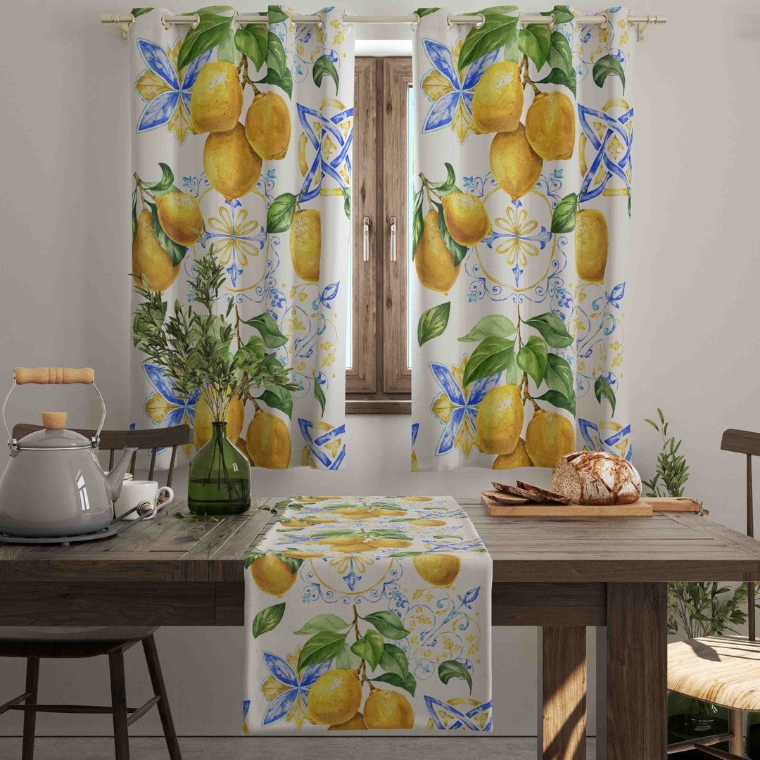 Soft Lemon Pattern Drapes, Citrus Farmhouse Curtains, Daisy Window ...