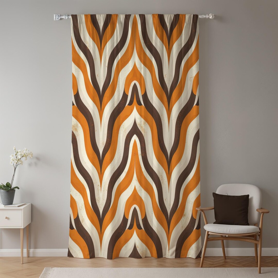 Abstract Wavy Curtain Panel, Retro Style Living Room Curtains, Window ...