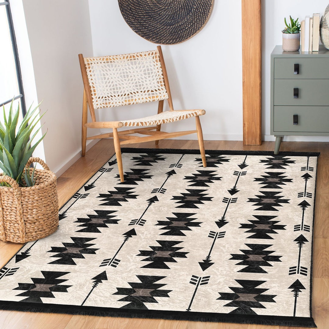 Southwestern Arrow Rug Ethnic Dining Room Rug Black Cream - Etsy