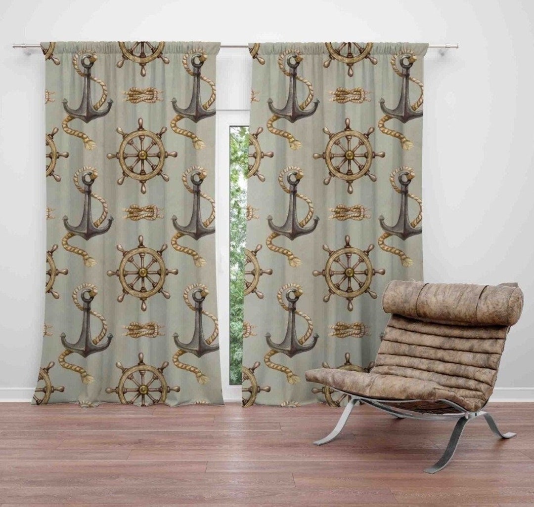 Nautical Style Curtain, Ship Wheel Design Drape, Ocean Living Room ...