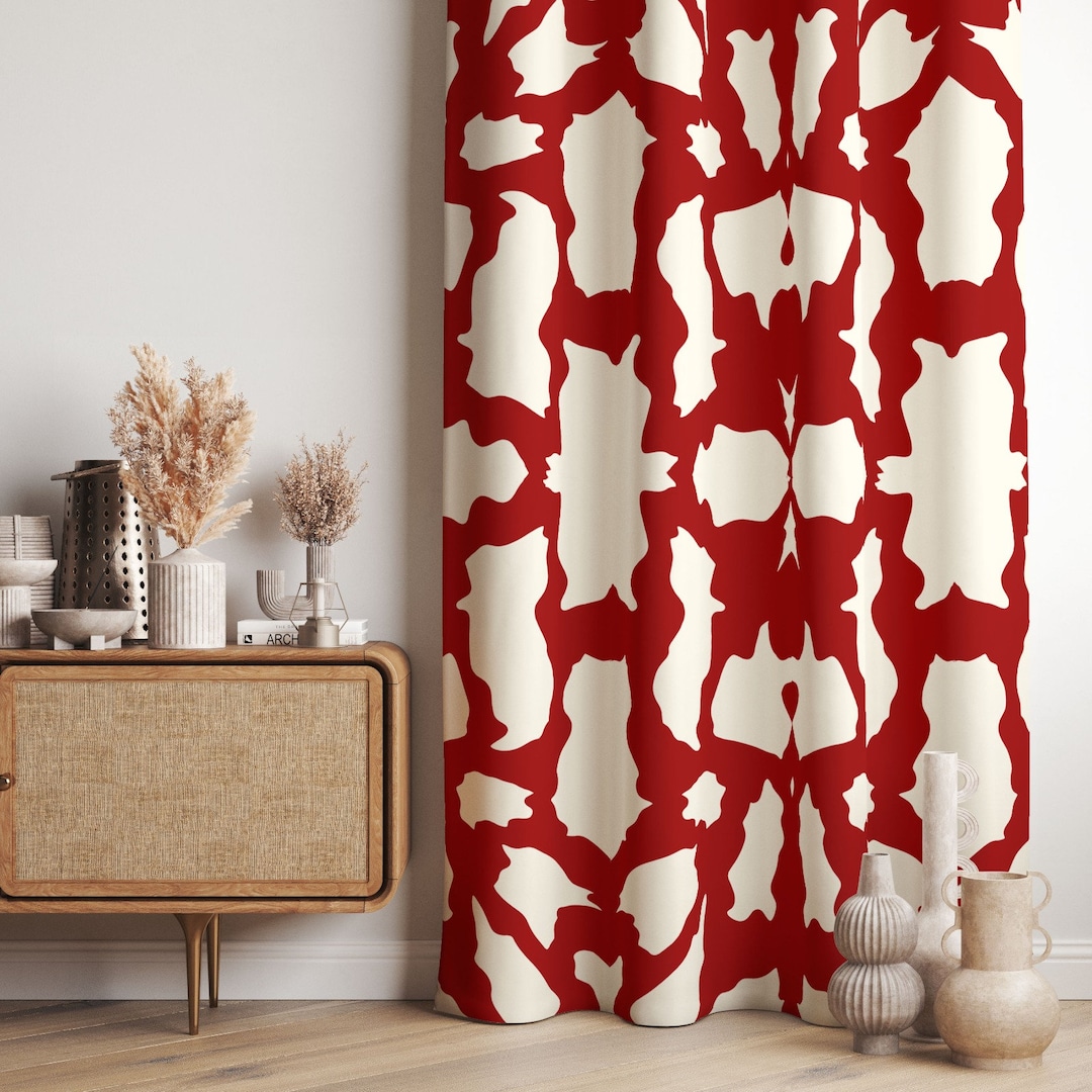 Abstract Window Curtain, Modern Dining Room Drapes, Red Curtain Panel ...
