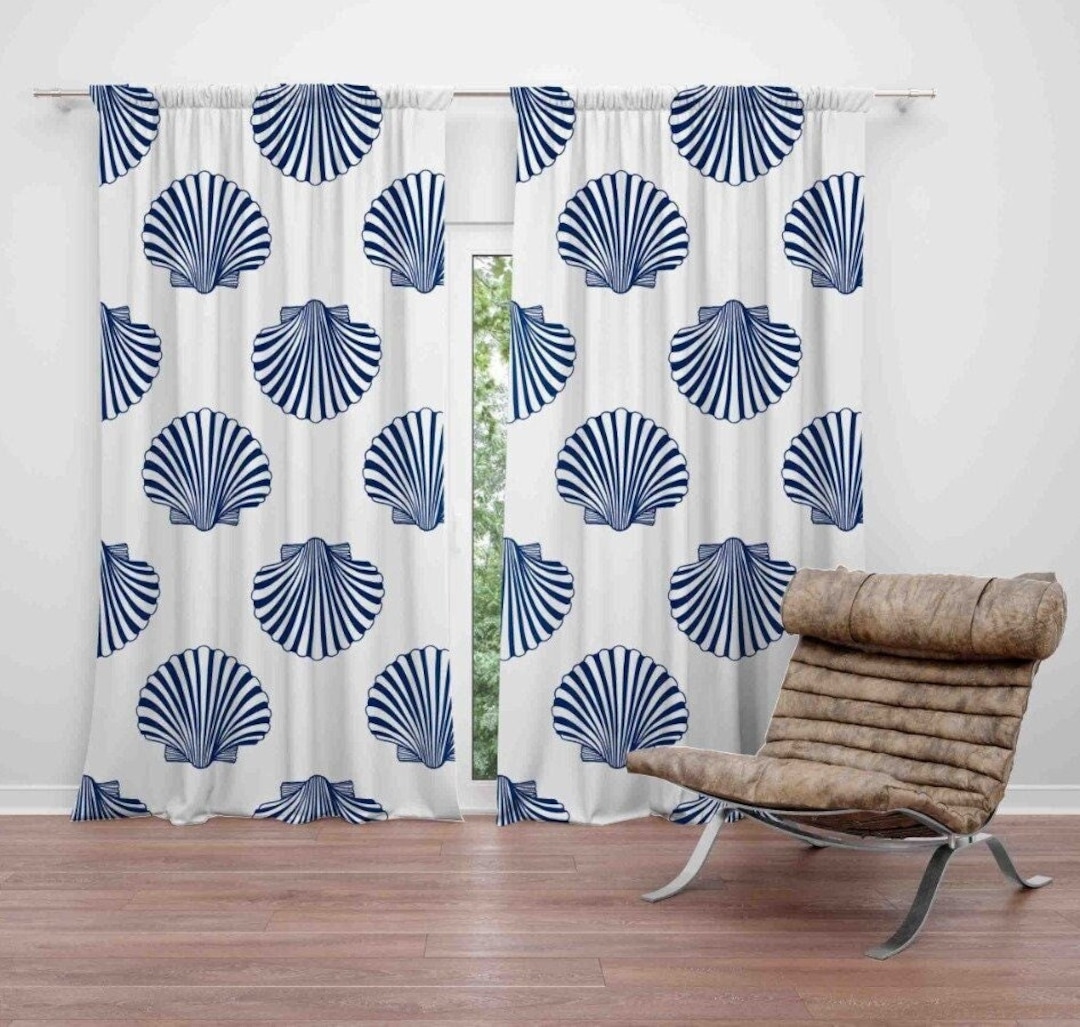 Seashell Design Window Valance, Navy Blue Sea Drape, Maritime Life ...