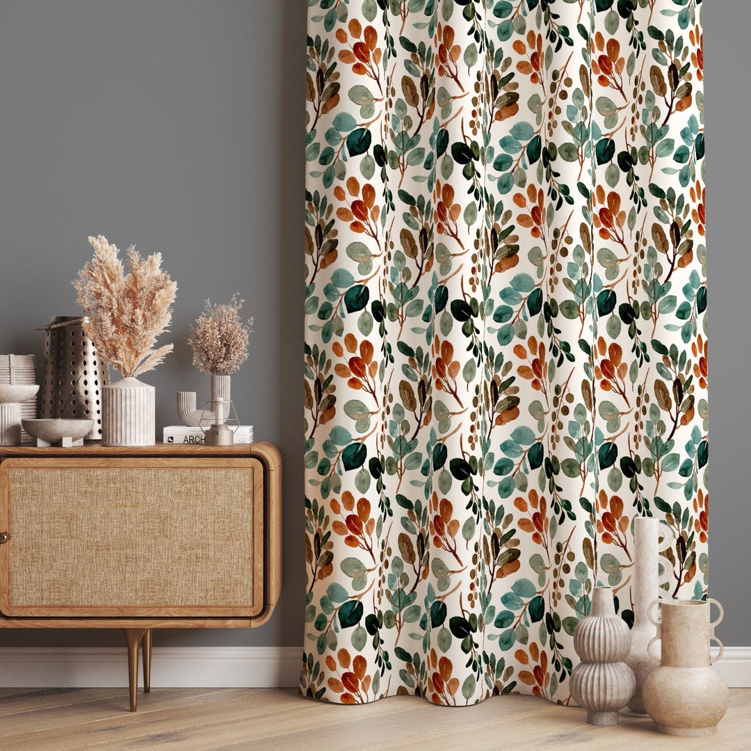 Watercolor Botanical Room Curtain, Rust & Teal Organic Drapery, Earthy ...