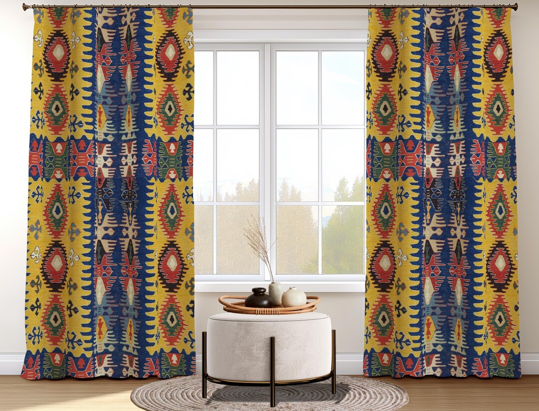 Kilim Pattern Curtains, Tribal Geometric Window Treatment, Bohemian ...