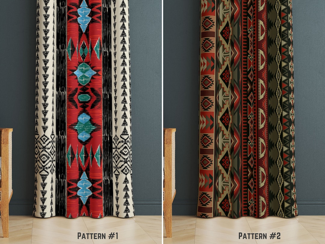 Kilim Motif Window Curtain, Ethnic Room Decor Curtain, Blue Red Ethnic ...