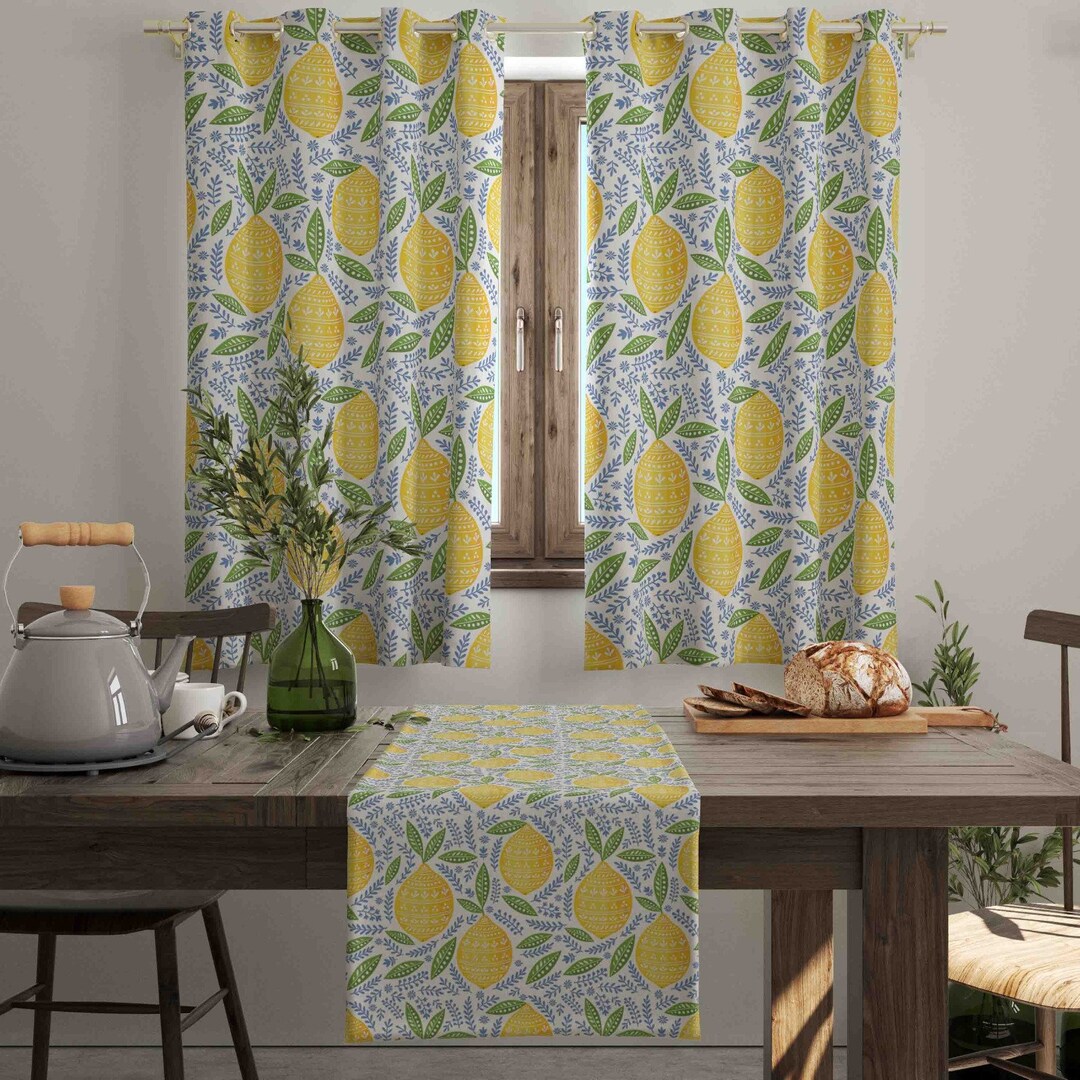 Lemon Print Curtain, Citrus Farmhouse Drape, White Yellow Window ...