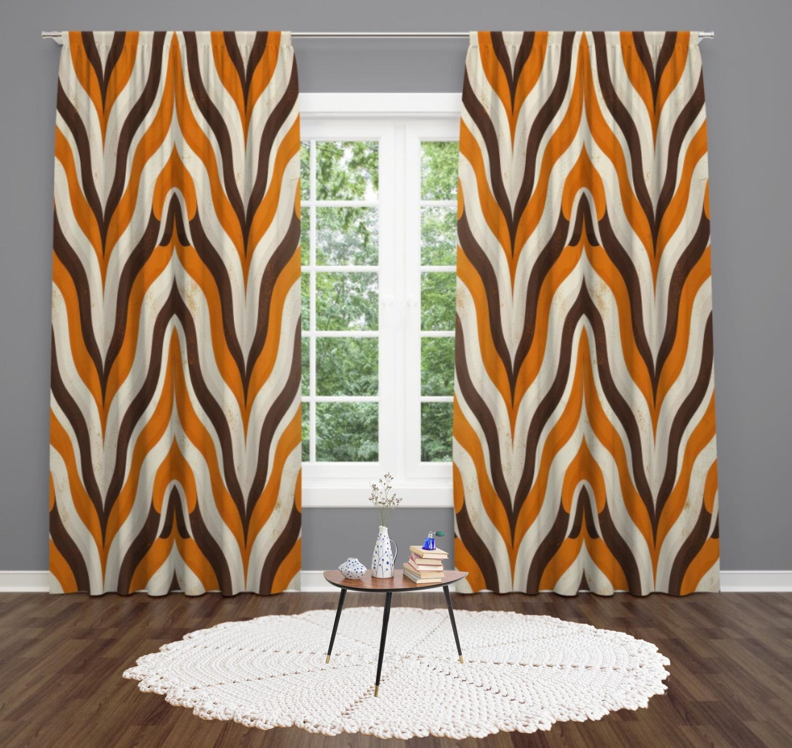 Abstract Wavy Curtain Panel, Retro Style Living Room Curtains, Window ...