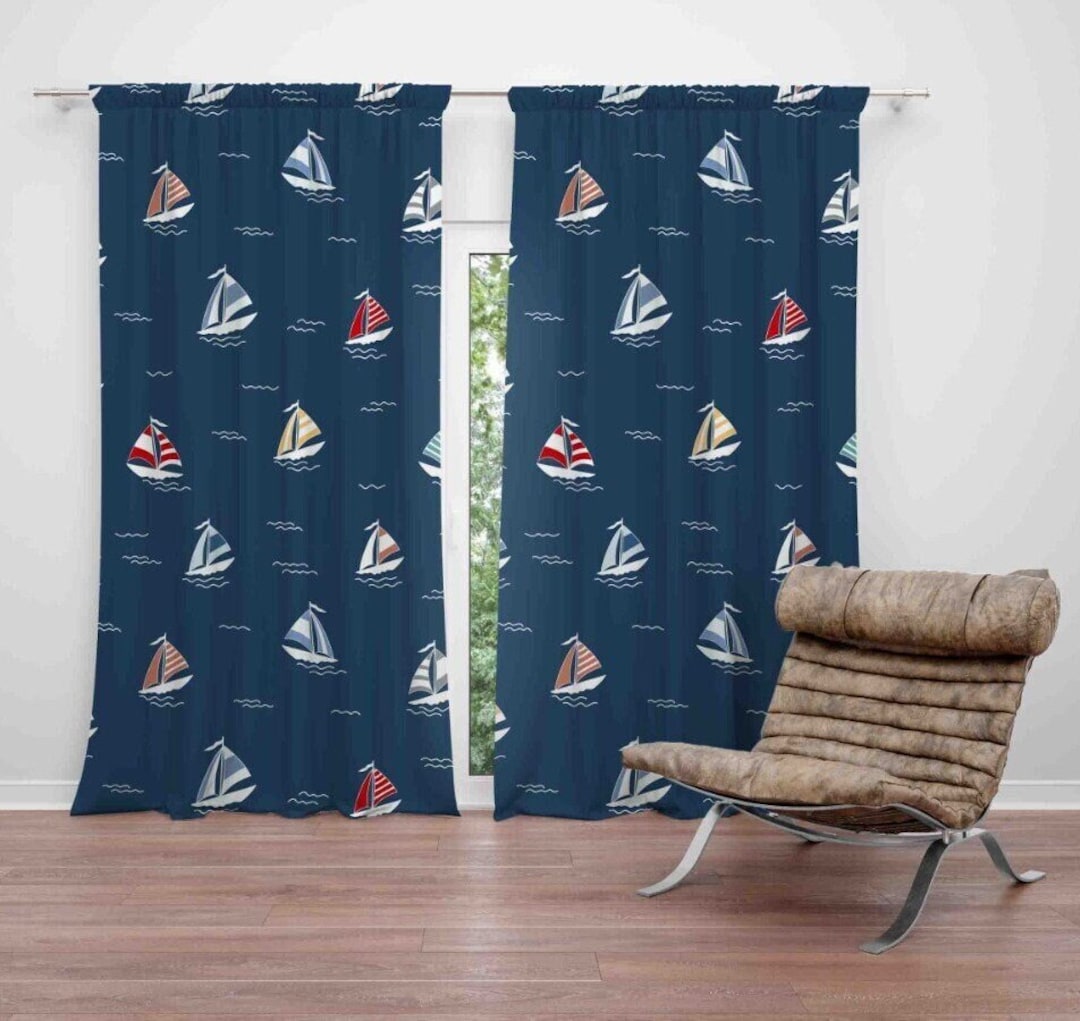 Navy Blue Marine Drape, Wheel Design Window Curtains, Sailboat Drapery ...