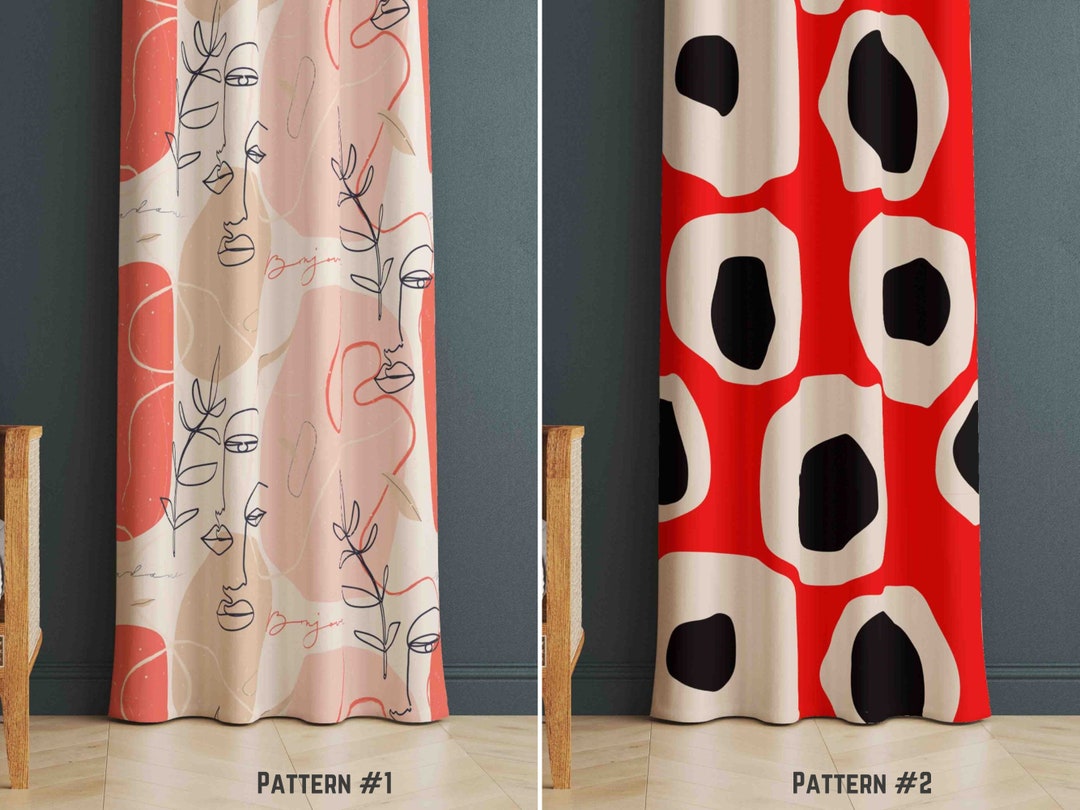Abstract Face Line Art Curtain, Retro Red Pop Art Drapes, Blush Pink ...