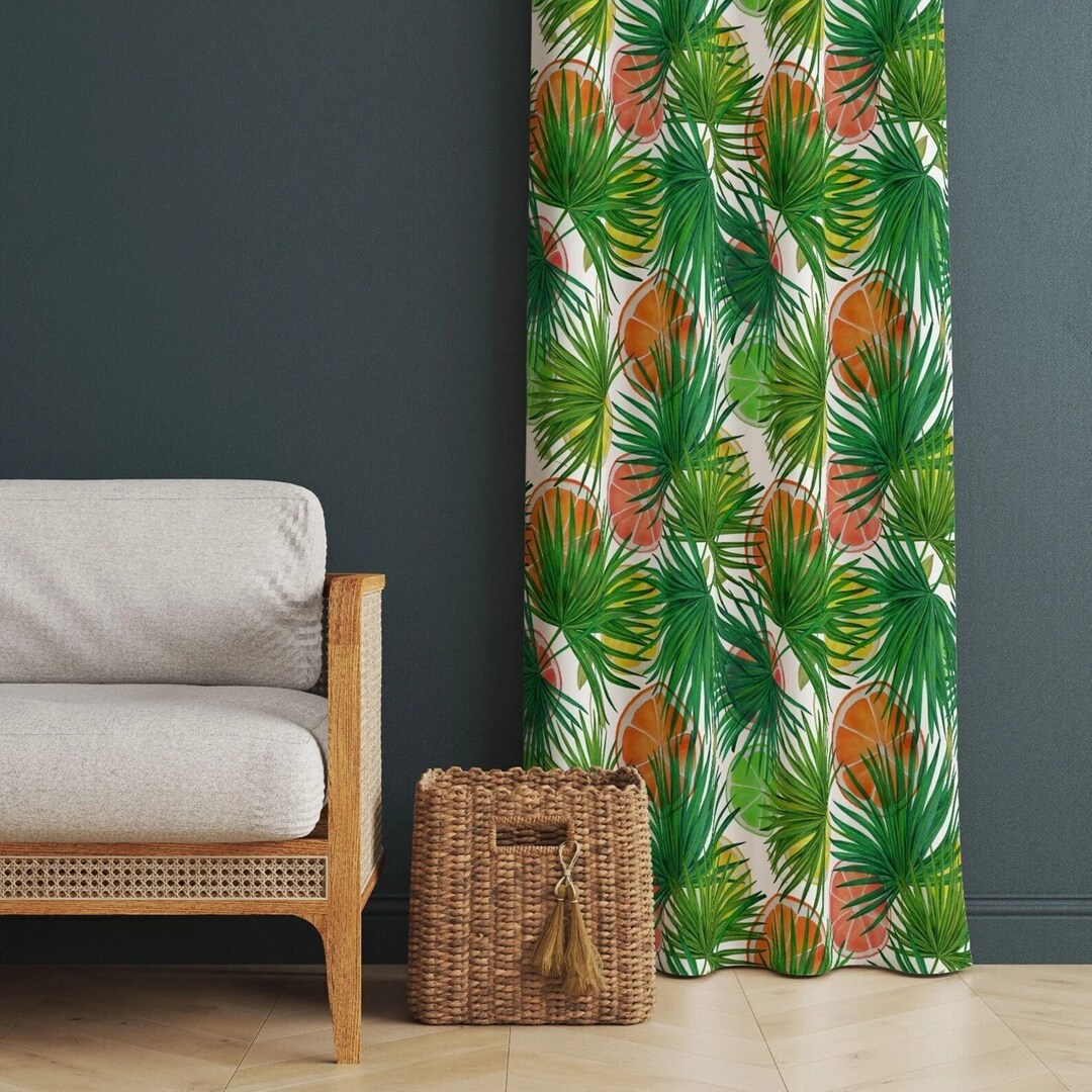 Palm Tree Curtain, Tropical Fruit Window Drape, Green Leaf Decorative ...