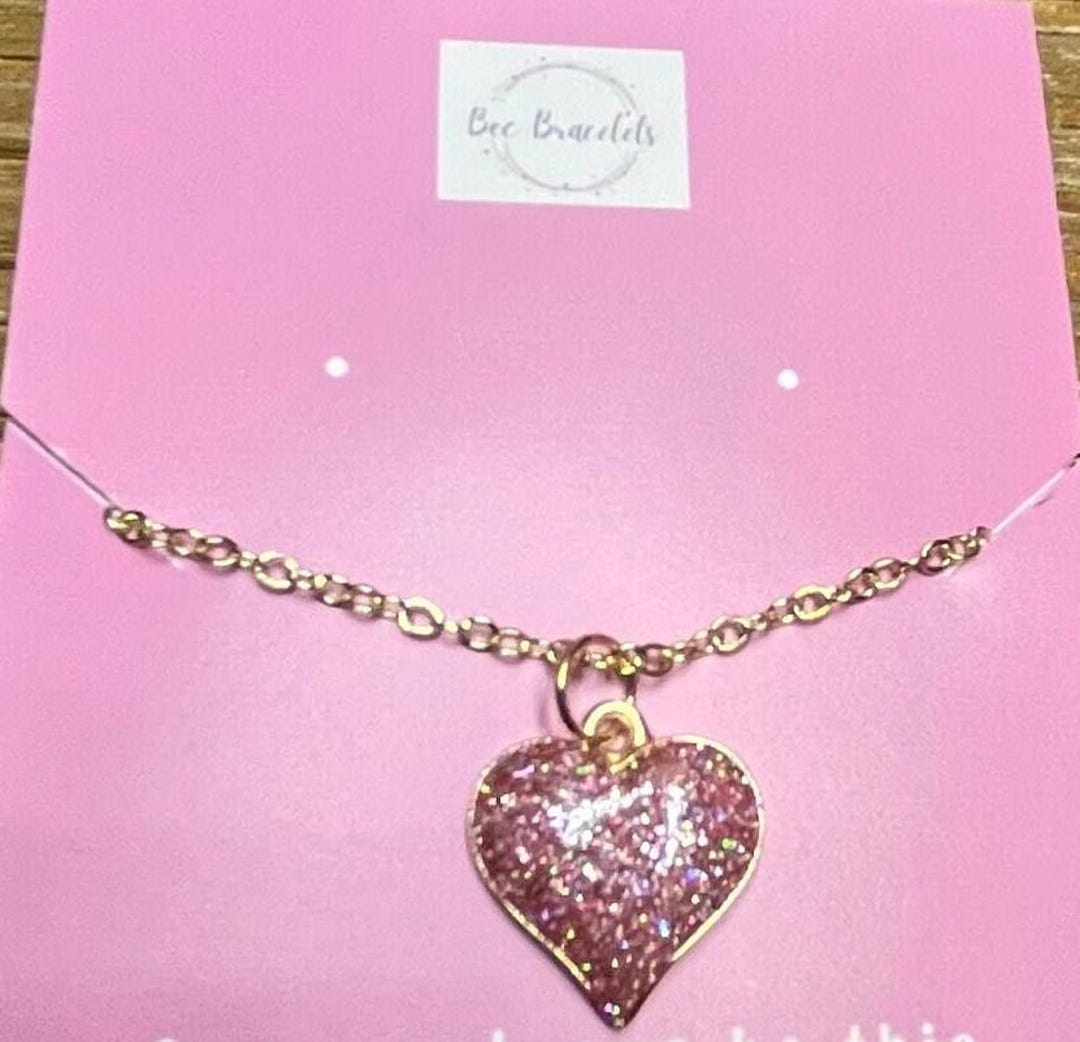 Enameled Pink Glitter Heart Gold Necklace - 20" Chain Valentine’s Day ...