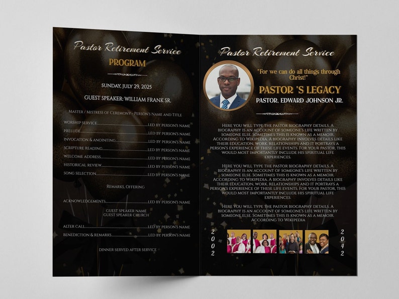 Black and Gold Retirement Program Template | Editable Church Service (corjl) - Etsy