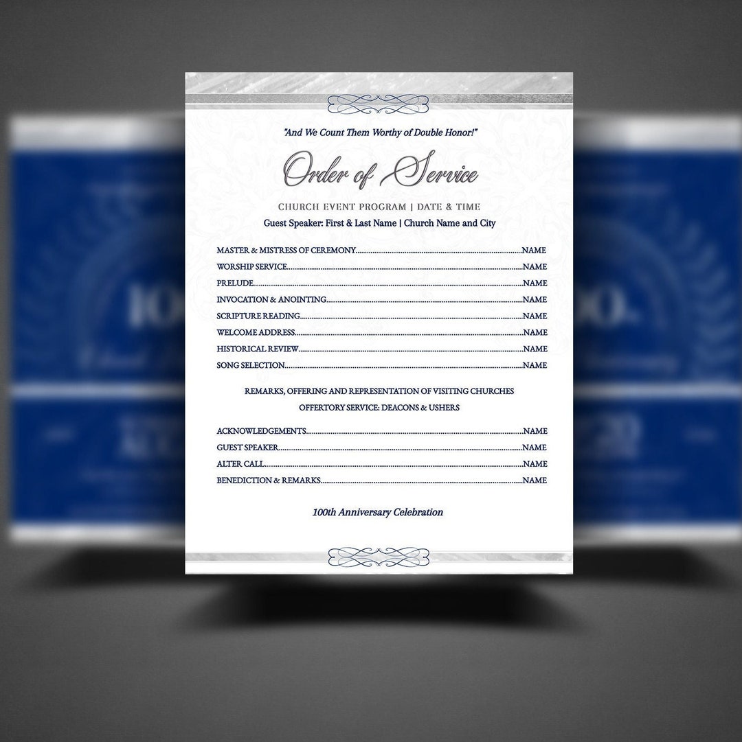 Church Anniversary Program Single Sheet Template - Rich Blue & Silver ...