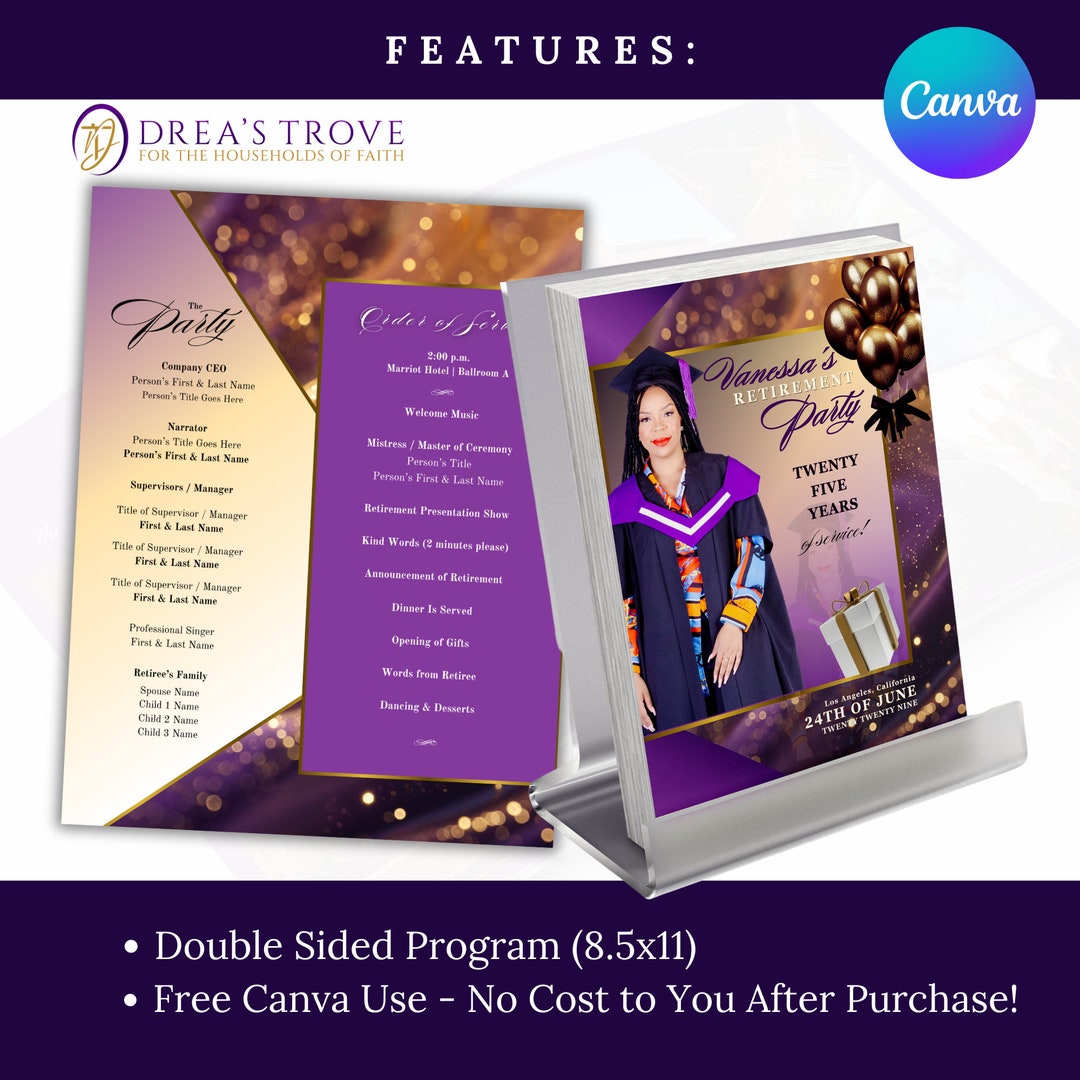 CANVA Purple Gold Template | Double Sided Program Single Sheet | Purple Gold Canva Template | 8 ...