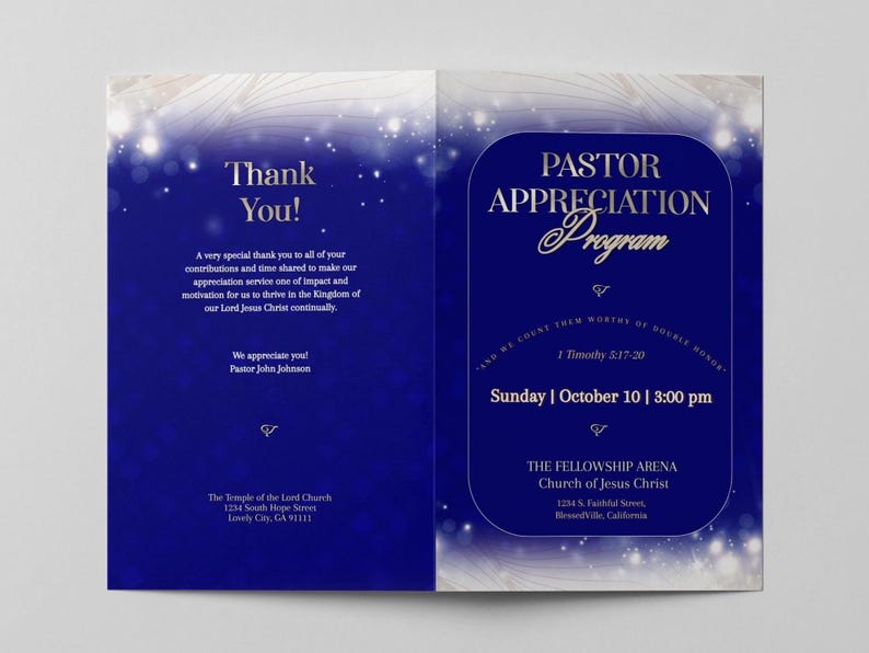 Pastor Appreciation Service Program Template | Editable in Corjl | Dark Blue | Size: 8.5x11 ...
