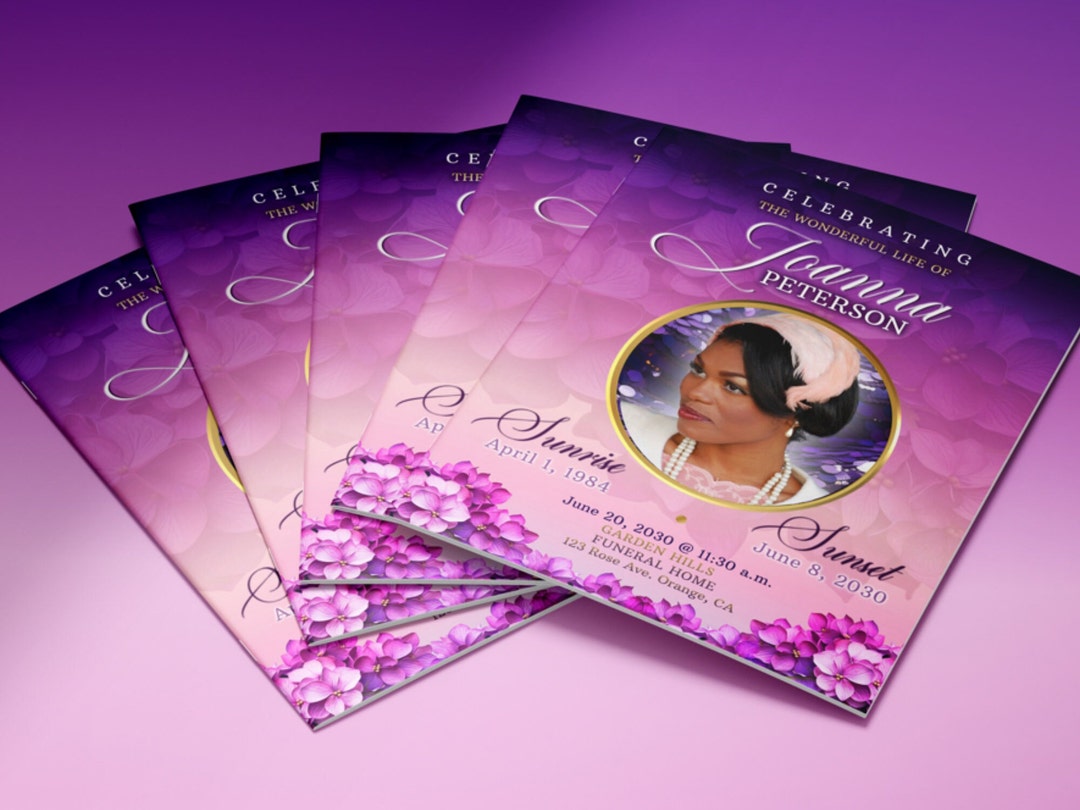 Floral Funeral Program Template | Purple & Gold Obituary (editable in ...