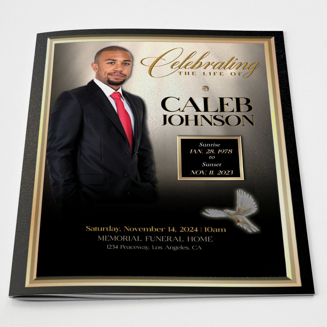 Soft Gold Black 8 Page Church Pastor Funeral Program Editable in Corjl ...