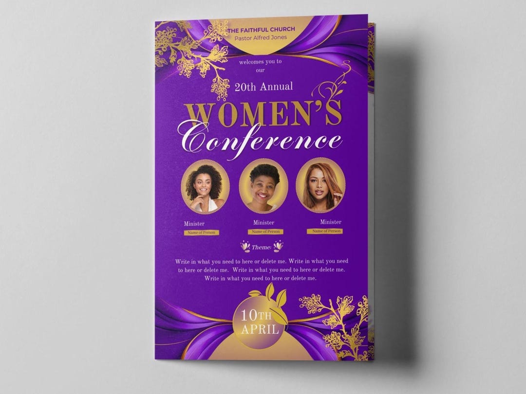 Purple & Gold Women's Conference Program Template (canva, 11x8.5 Bifold ...