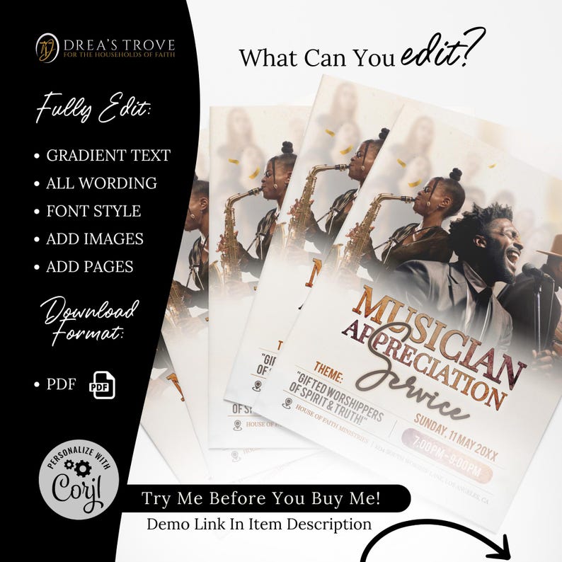 Church Musician Appreciation Program Template | Editable Bifold (17x11 ...