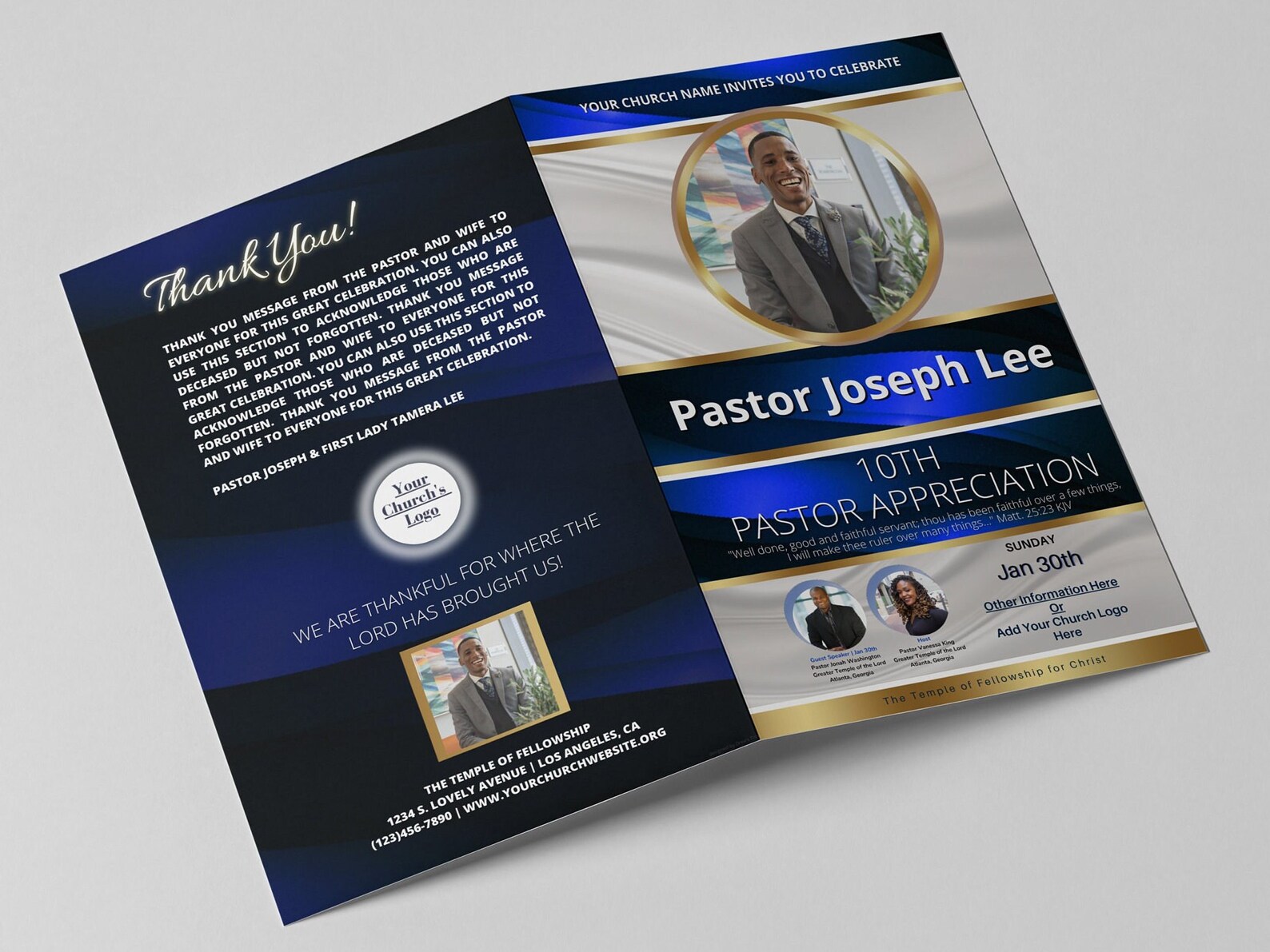 Blue & Gold Pastor Appreciation Program | Canva Template (11x8.5 Bifold ...