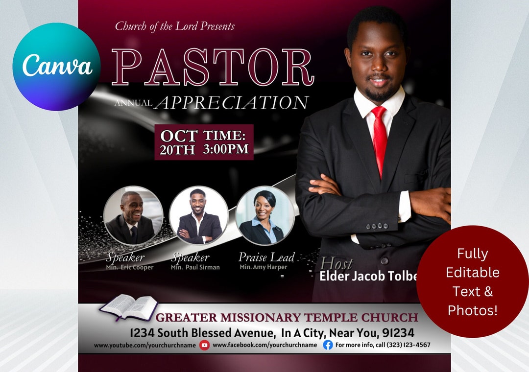 Pastor Appreciation Invitation Canva Template Red Silver - Etsy