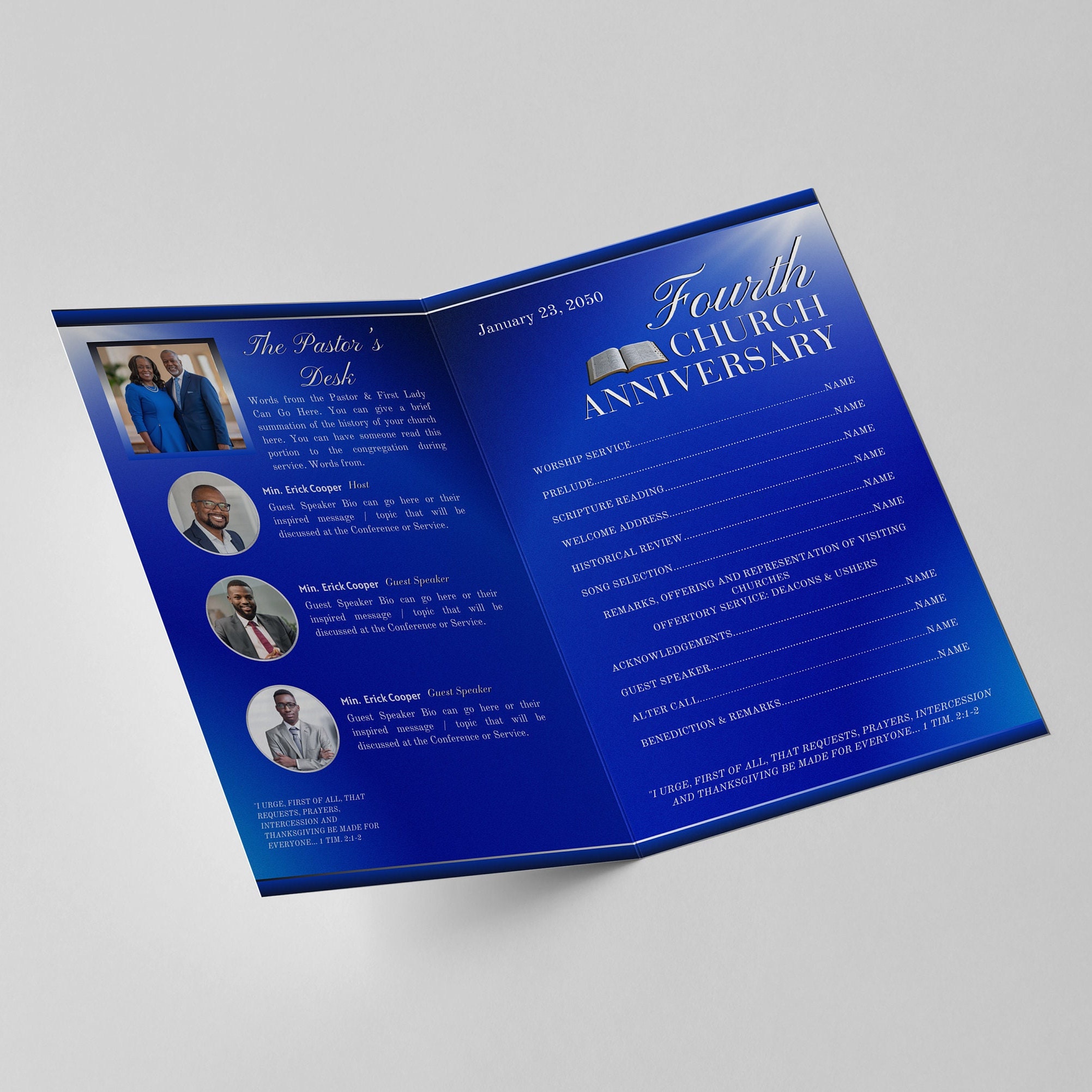 Canva Pastoral Anniversary Service Brochure | Blue Silver Pastor ...