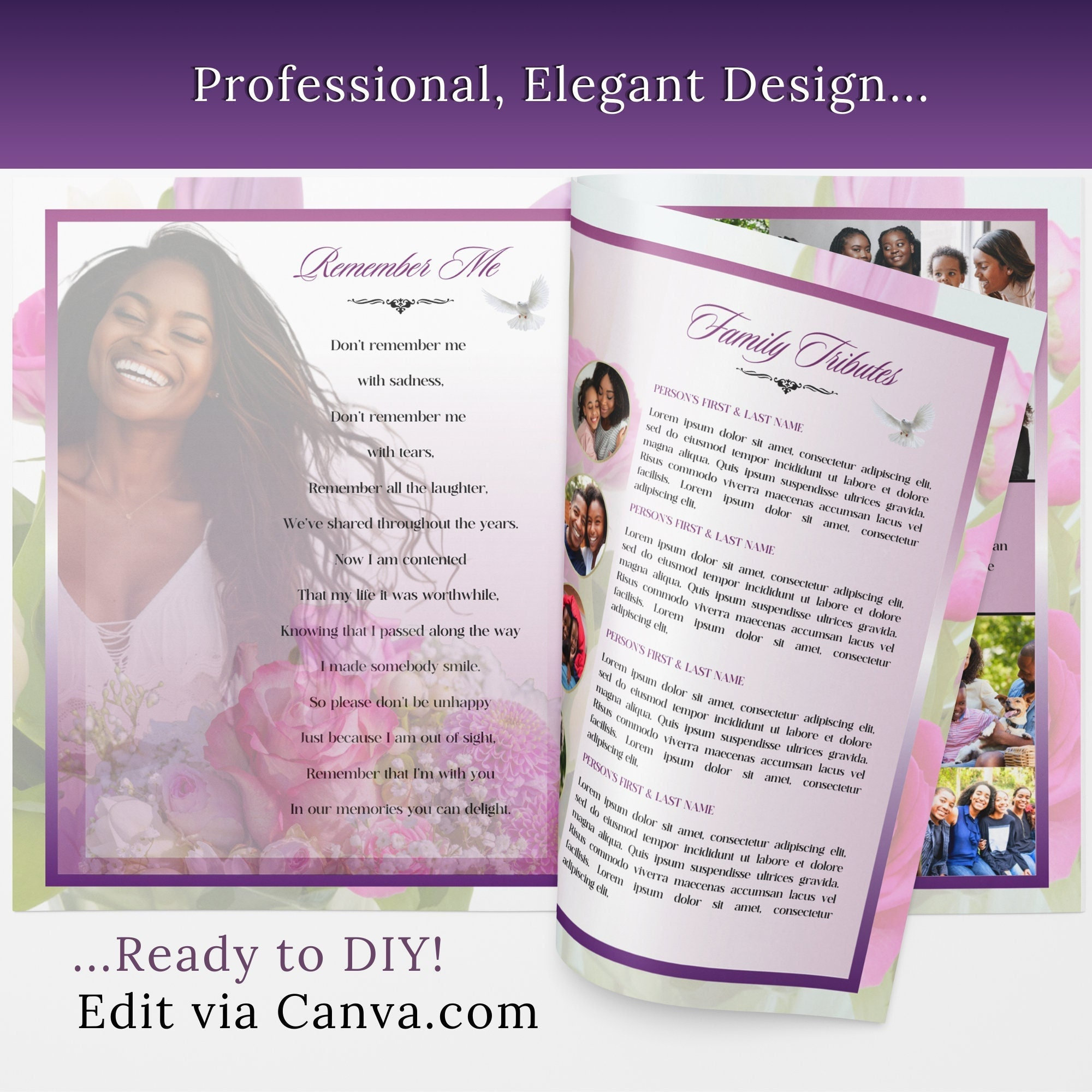 CANVA Purple Obituary Template Funeral Program 17x11 Tabloid Fold to 8 ...