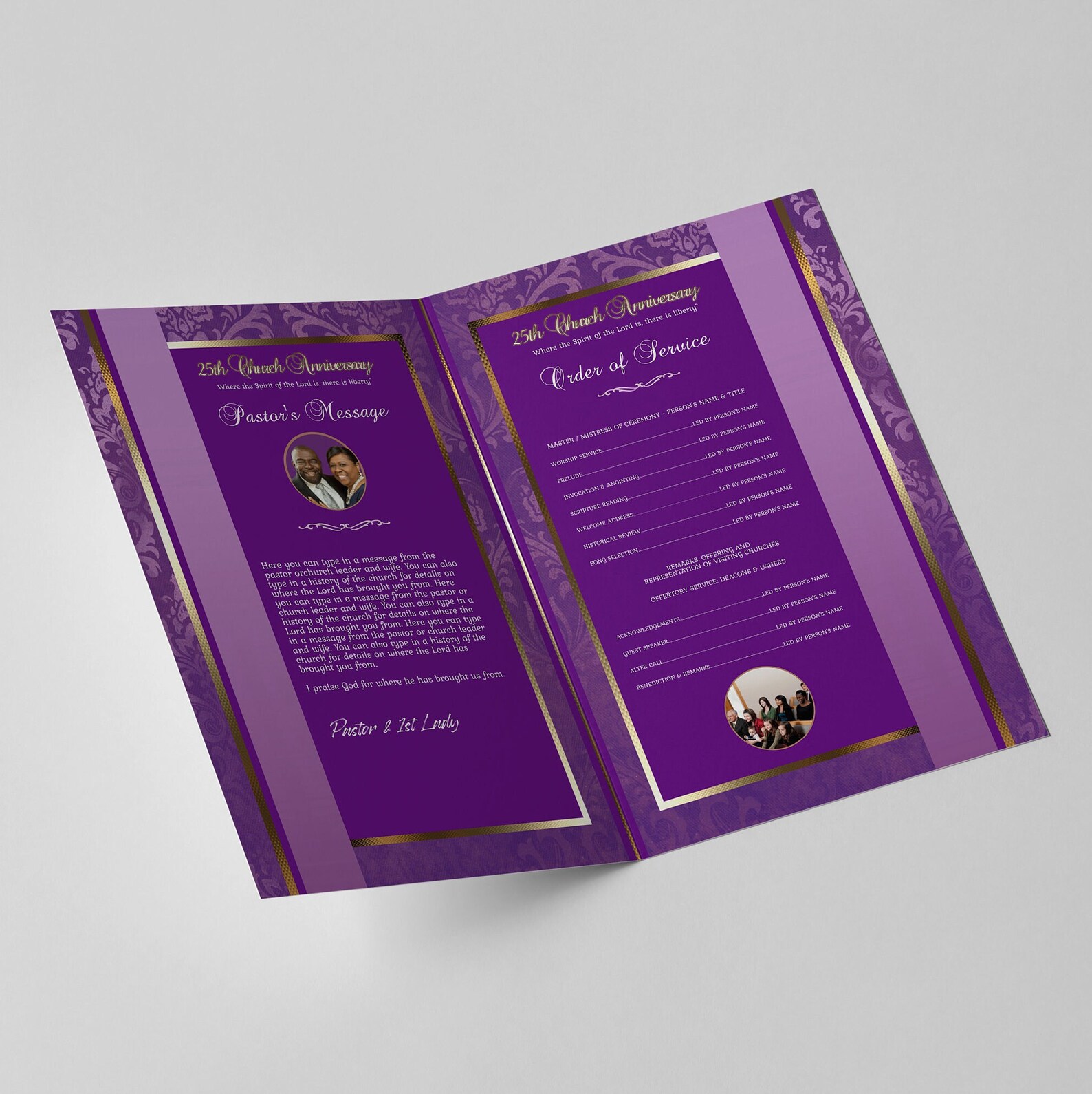 Church Anniversary Program Template | Purple & Gold Bifold (editable in ...