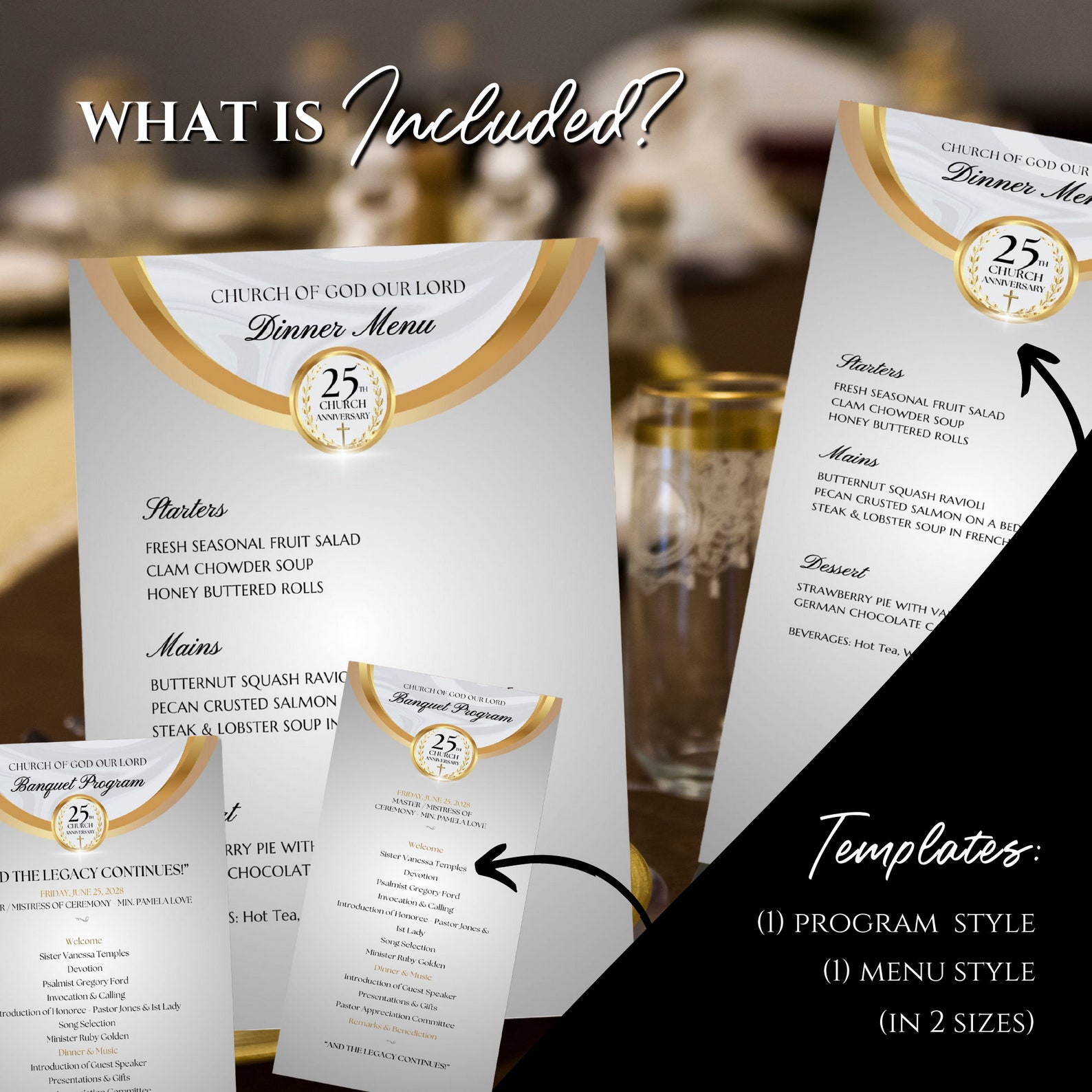 Church Banquet Menu Table Card Template | Silver, White, Gold (CANVA ...