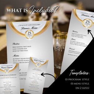 Church Banquet Menu Table Card Template | Silver, White, Gold (CANVA ...