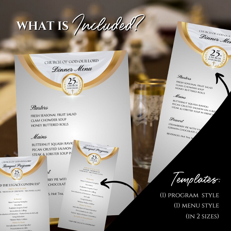 Church Banquet Menu Table Card Template | Silver, White, Gold (CANVA ...