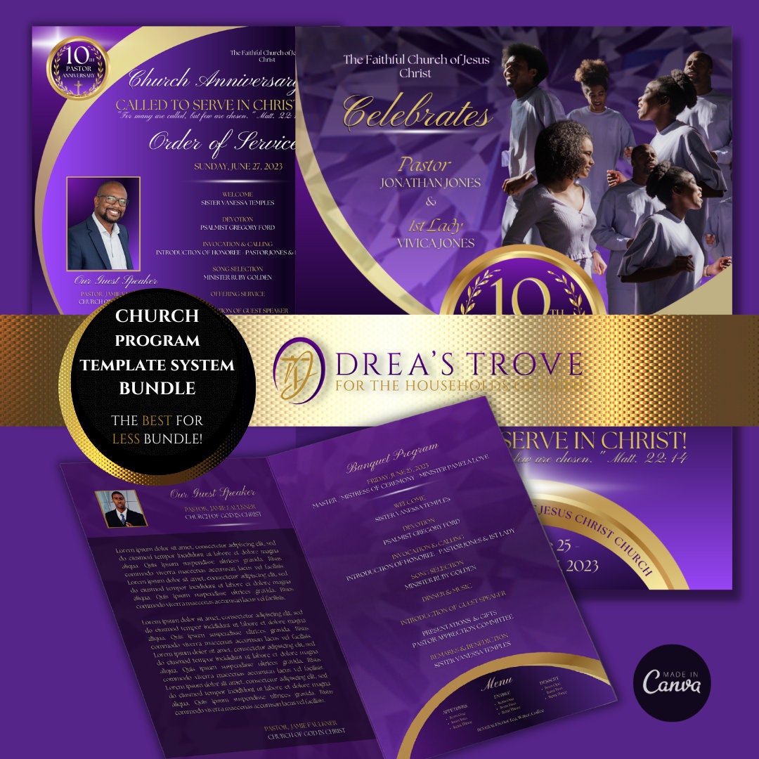 CANVA Church Anniversary Bundle | Program and Flyer | Purple & Gold ...