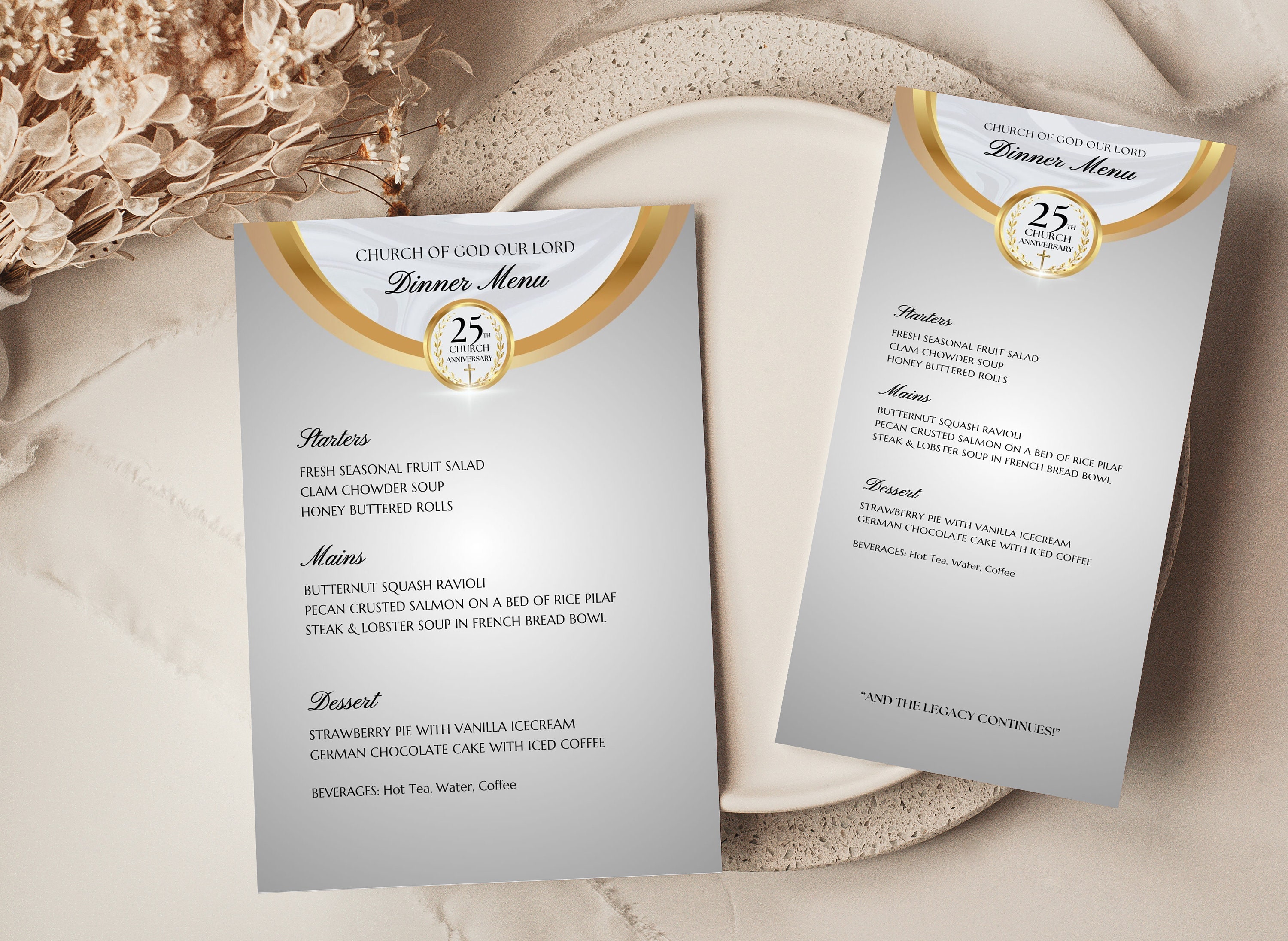 Church Banquet Menu Table Card Template | Silver, White, Gold (CANVA ...